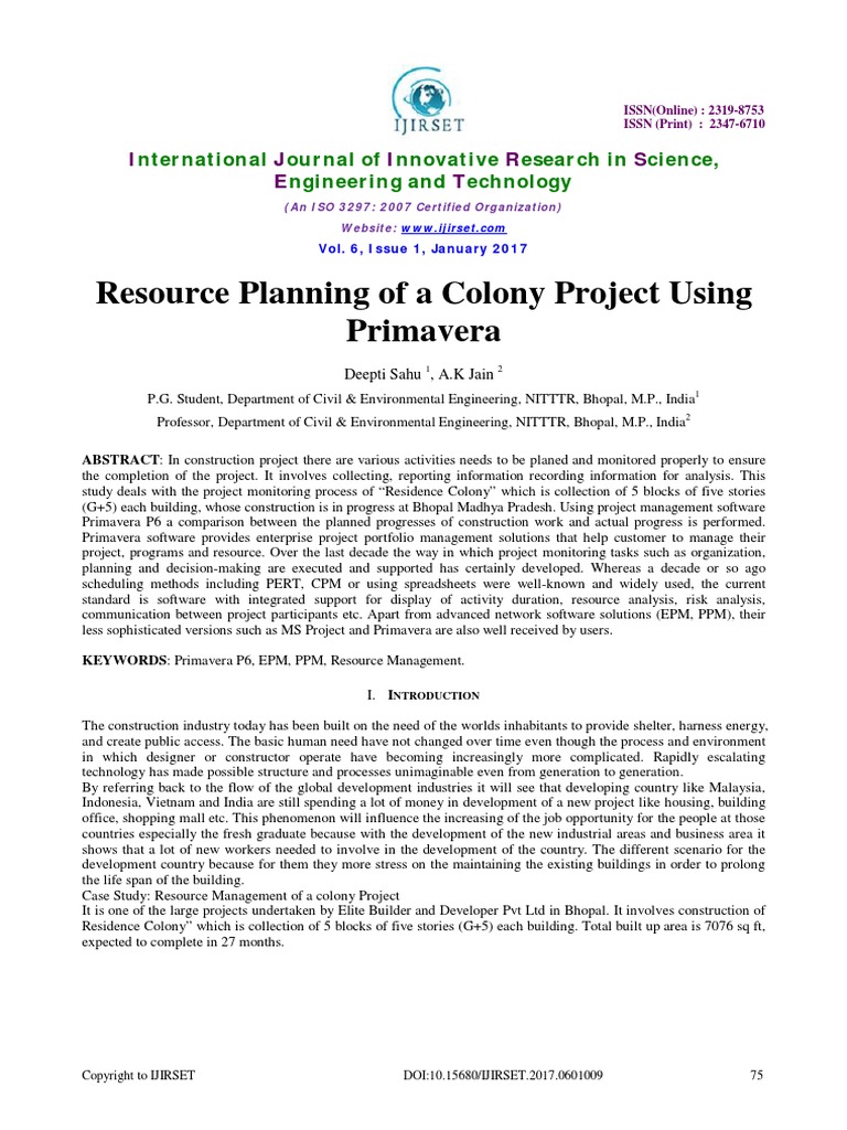 Resource Planning of A Colony Project Using Primavera | Download Free ...