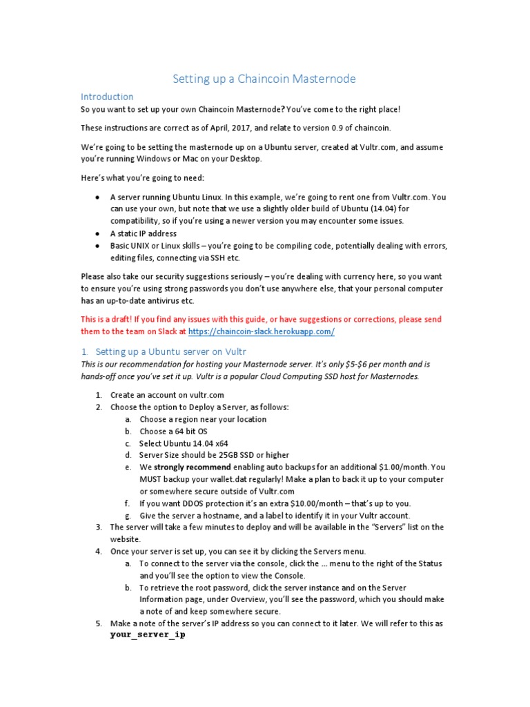 Setting Up A Chaincoin Masternode - Draft v.04 | PDF | Secure Shell ...