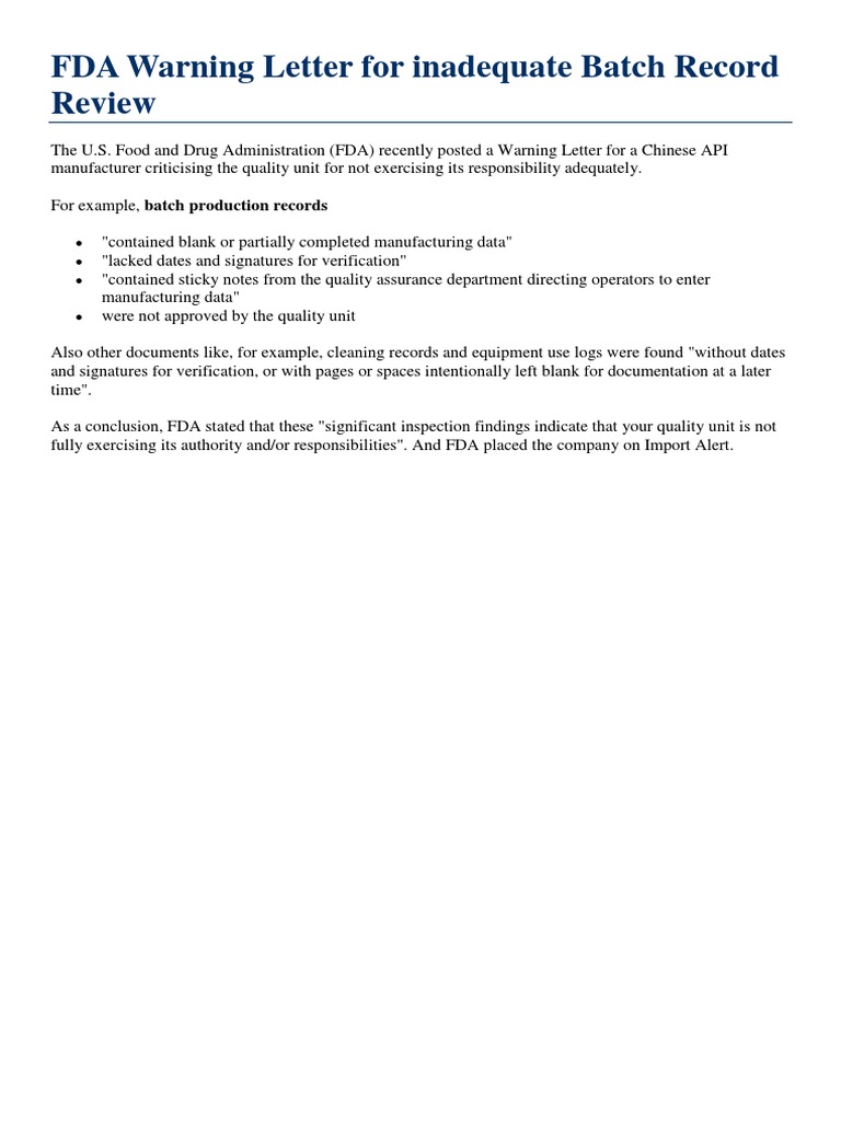 FDA Warning Letter For Inadequate Batch Record Review | PDF