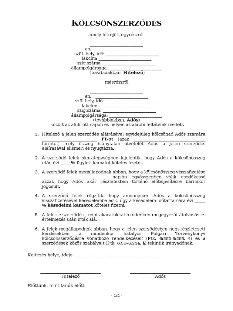 Minta KÖLCSÖNSZERZŐDÉS | PDF