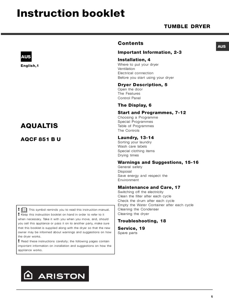Aqcf 851 B U Aus | PDF | Clothes Dryer | Ac Power Plugs And Sockets