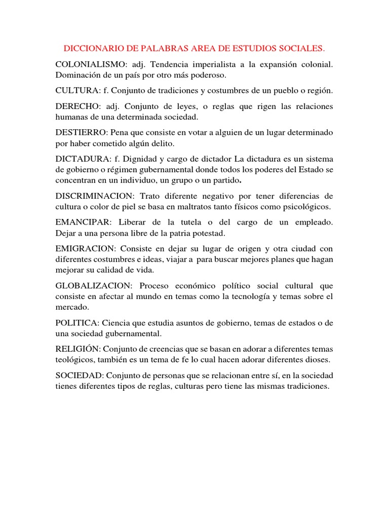 Diccionario de Palabras Area de Estudios Sociales | PDF | Dictadura ...