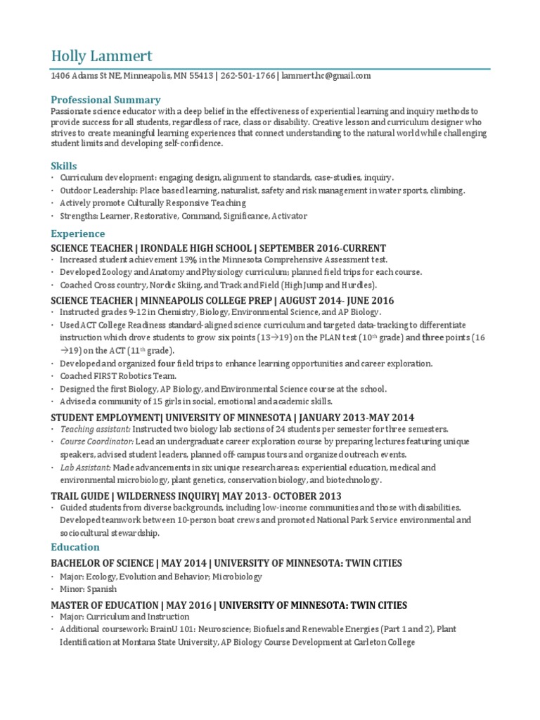 2017 Resume Holly Lammert | PDF | Experiential Education | Science ...