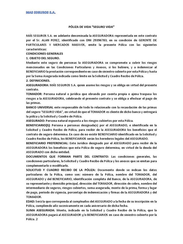 Contrato de Seguro de Vida | Póliza de seguros | Seguro