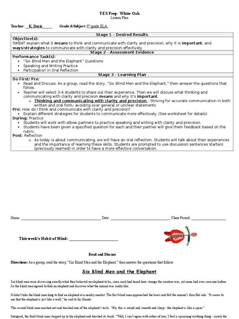 Clarity and Precision Lesson Plan | PDF | Elephant | Lesson Plan