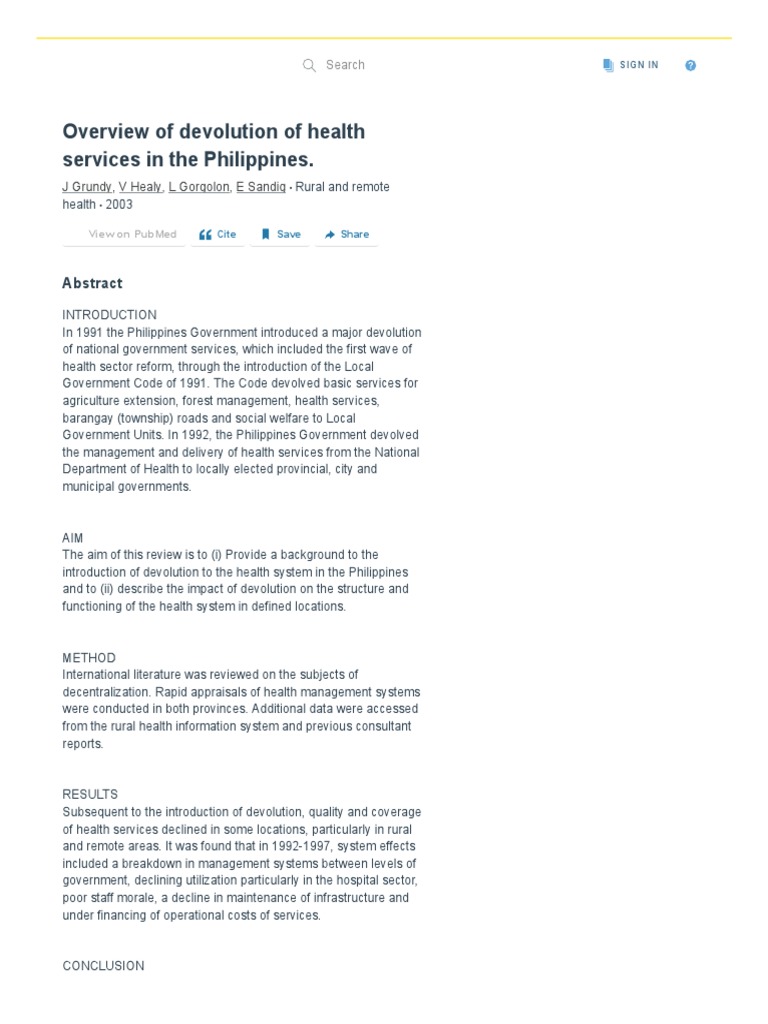 Overview of Devolution of Health Services in the Philippines ...