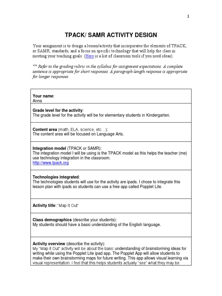 Tpack or Samr Activity Template | PDF | Quality Of Life | Education Theory