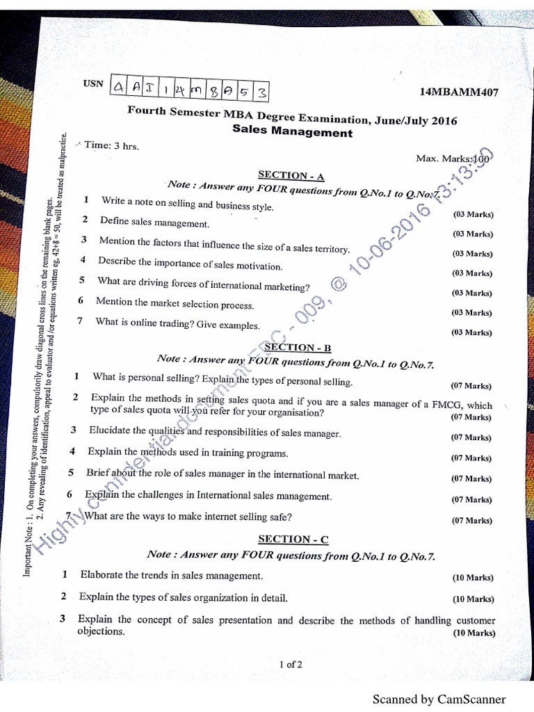 Sales Management Question Paper | PDF | Leisure