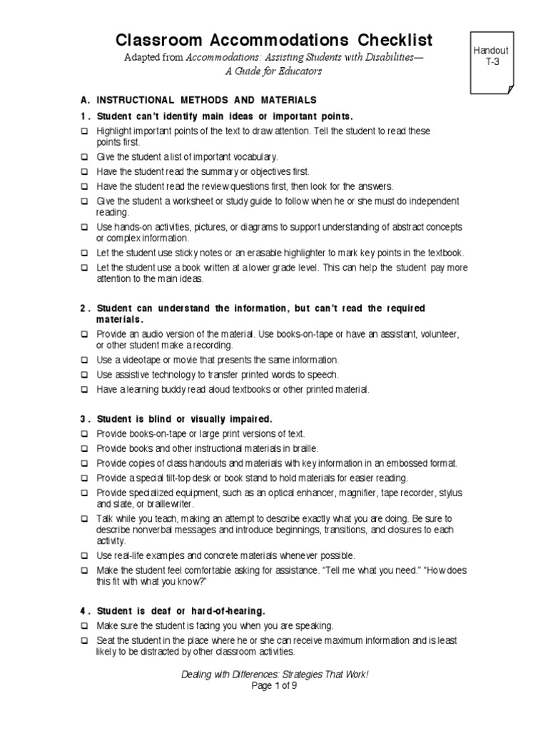 Accommodation Checklist | PDF | Lecture | Classroom