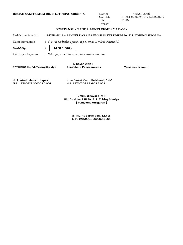 Kwitansi Pembayaran RSU Dr. F. L. Tobing | PDF