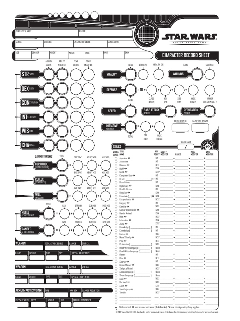 star-wars-d20-character-sheet.pdf | Role Playing Games | Entertainment