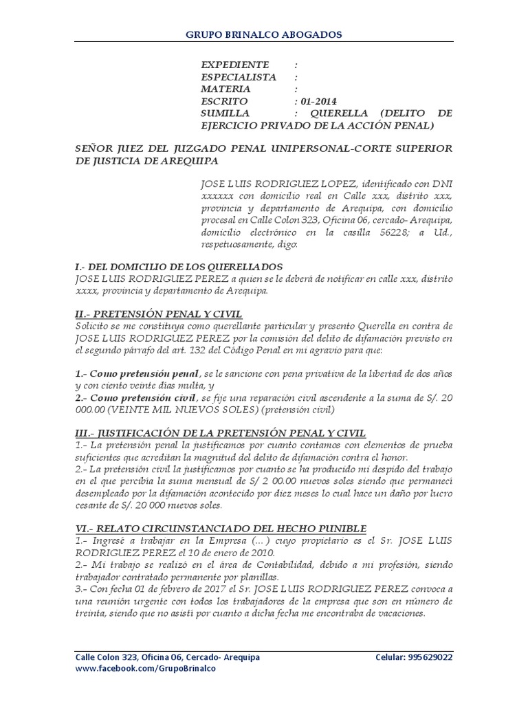 Modelo de Querella | Delito | Derecho penal