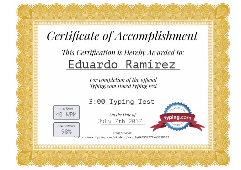 Typing Test Results: 40 WPM, 98% Accuracy | PDF