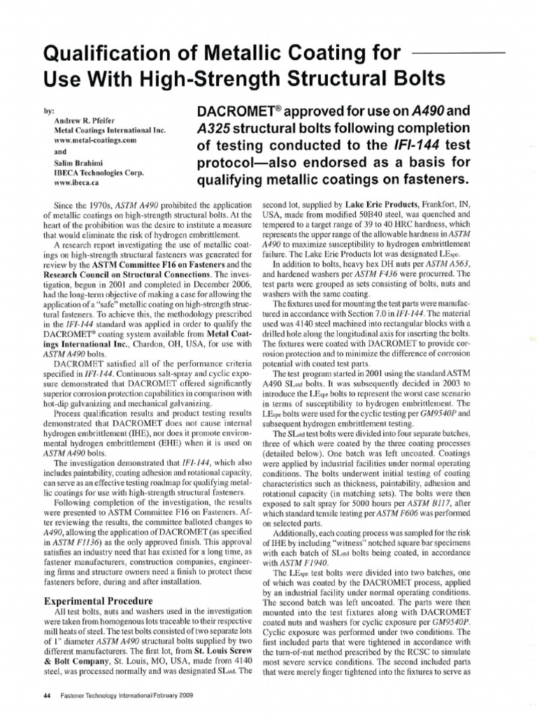 Dacromet Coating A490m Bolts | PDF
