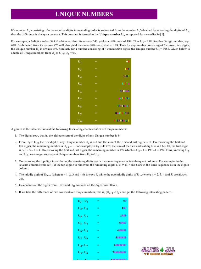 Unique Numbers | PDF | Teaching Mathematics