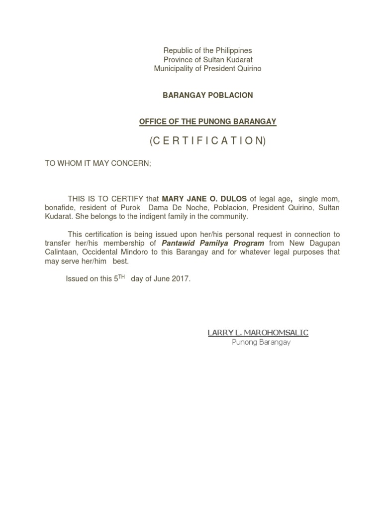 Certification for Pantawid Pamilya Transfer | PDF