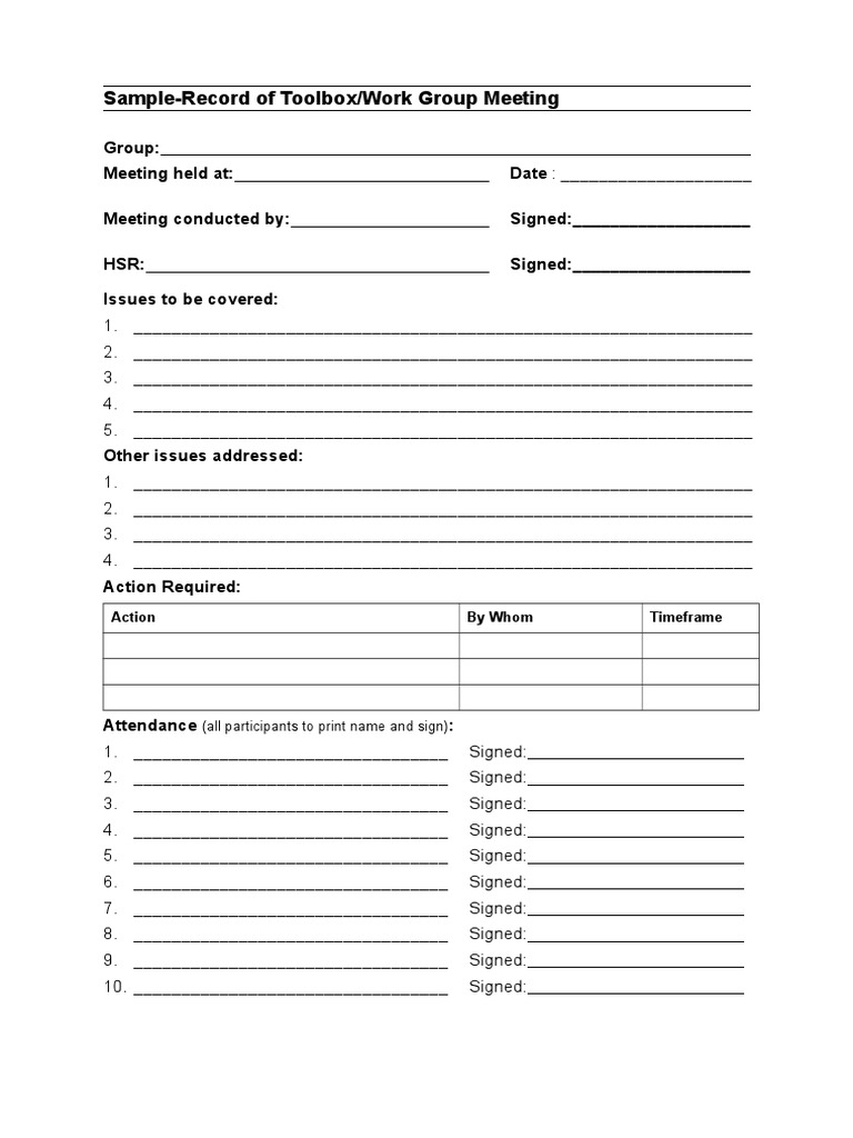 Sample Record of Toolbox Meeting Template | PDF
