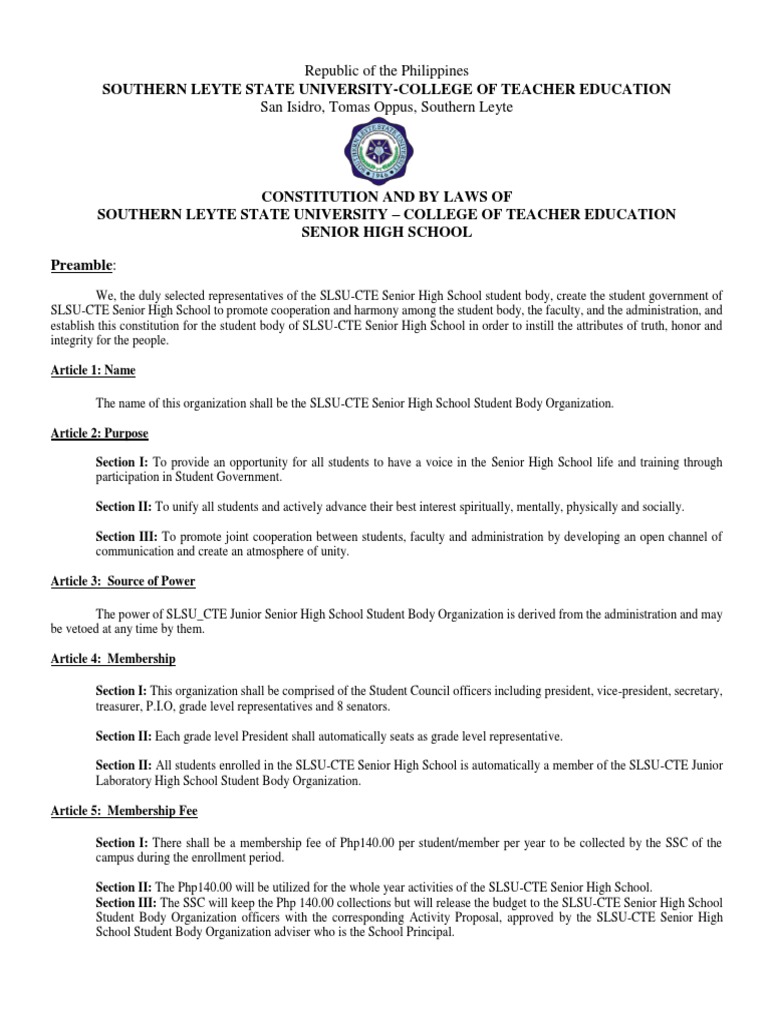 SLSU-CTE Senior High School Constitution | PDF | Constitutional ...
