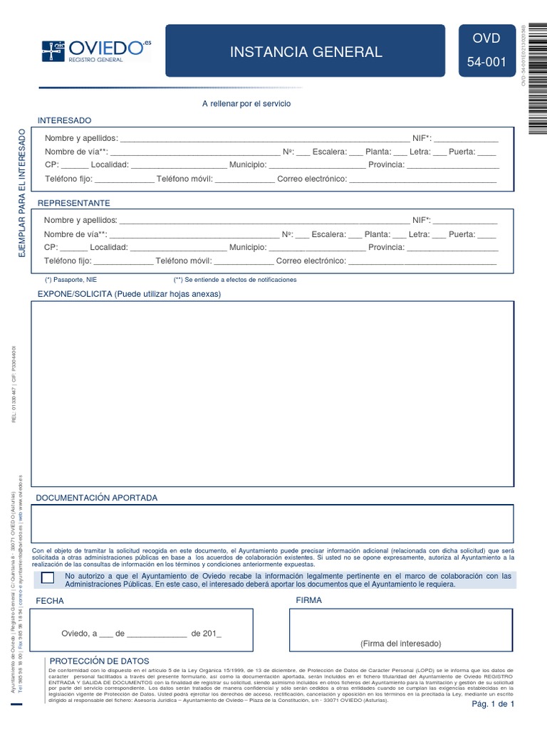 Modelo de Instancia General Ayuntamiento Oviedo | PDF | Información del ...