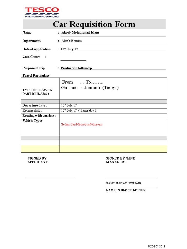 Car Requisition Form: From .To .. Gulshan - Jamuna (Tongi) | PDF