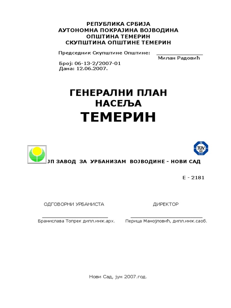 Generalni Plan Naselja Temerin | PDF