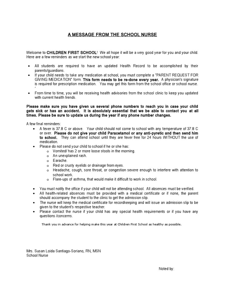 School nurse welcome letter | PDF | Nursing | Health Care