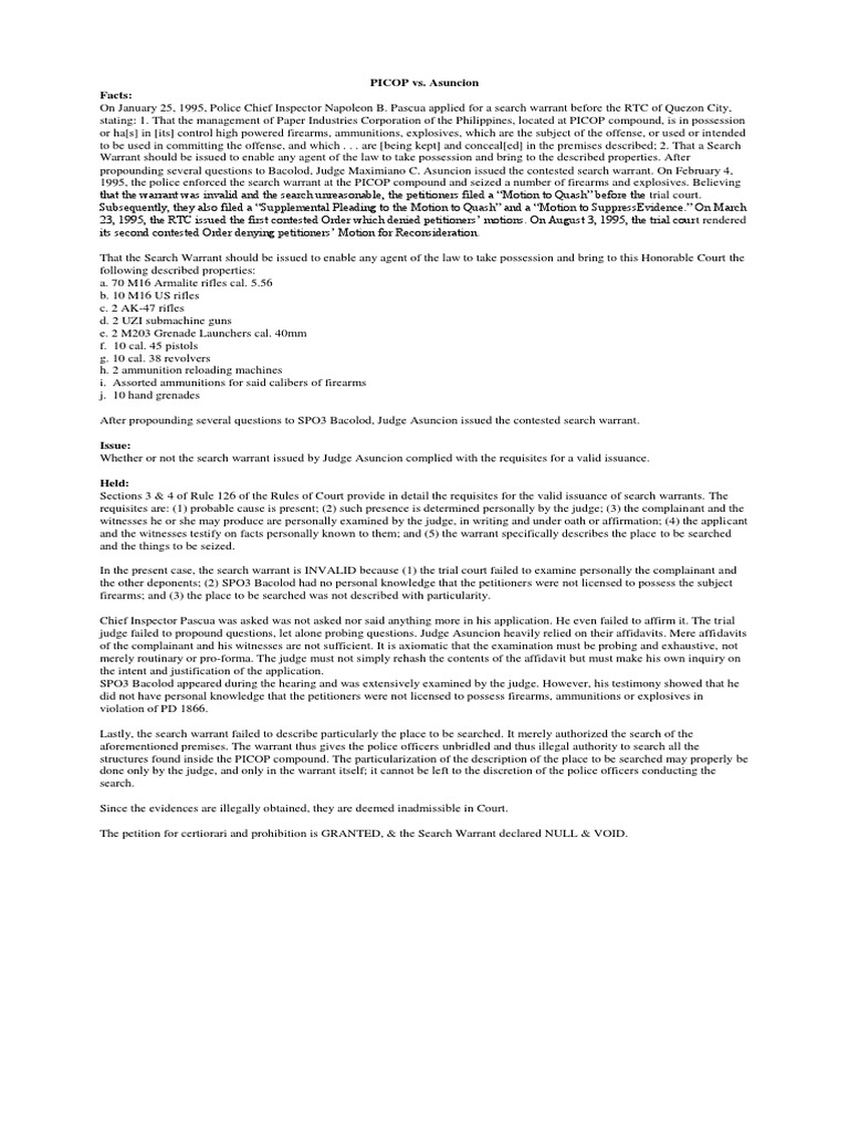 PICOP vs. Asuncion | PDF | Search Warrant | Witness