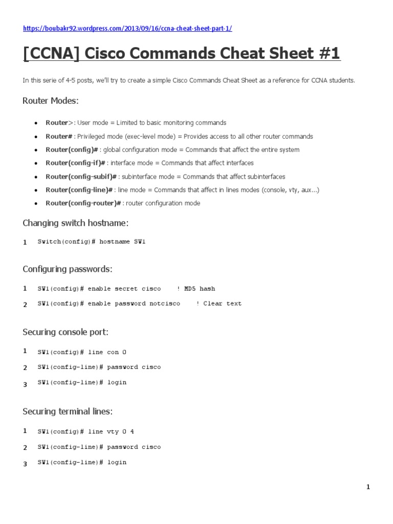 (CCNA) Cisco Commands Cheat Sheet | PDF | Ip Address | Network Architecture