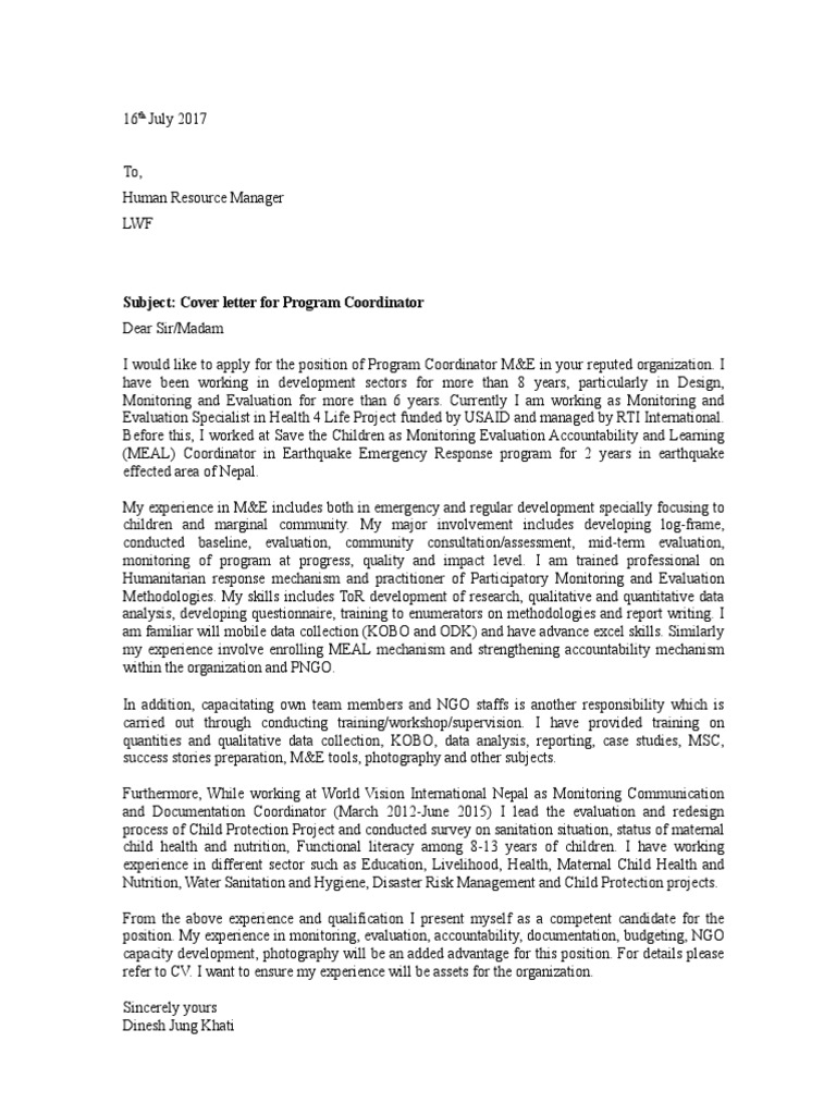 Cover Letter | PDF | Capacity Building | Non Governmental Organization