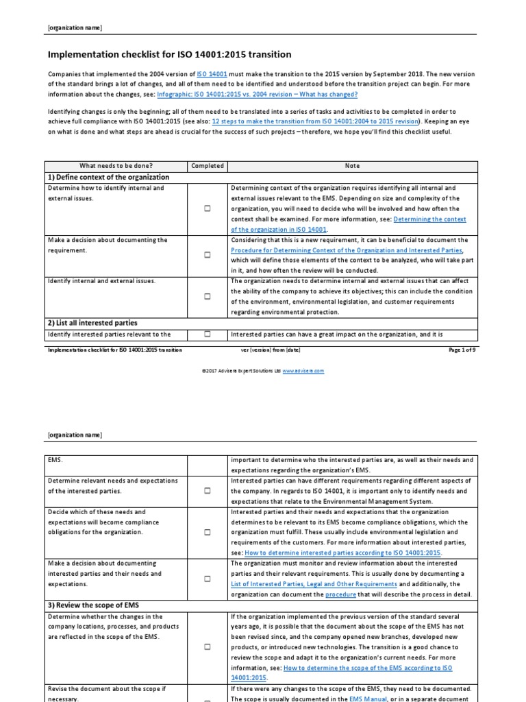 Implementation Checklist for ISO 14001 2015 Transition | Audit ...