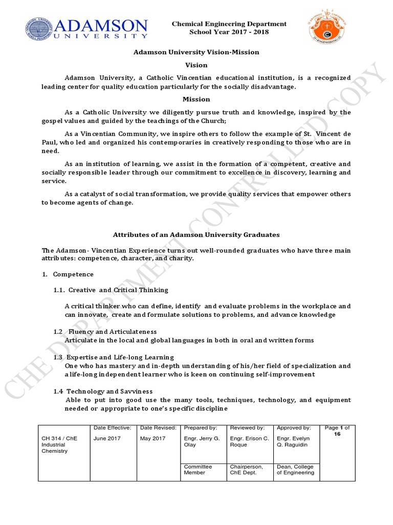 Chemical Engineering Department School Year 2017 - 2018 Adamson ...