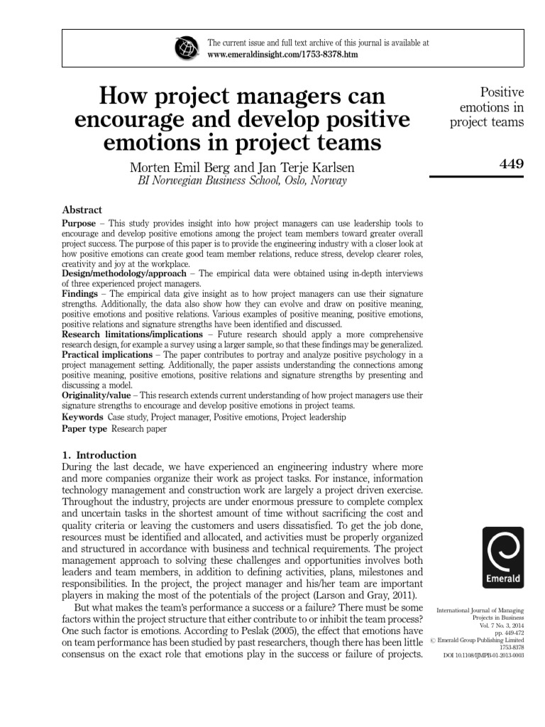 Fostering Positive Emotions in Project Teams | PDF | Positive ...