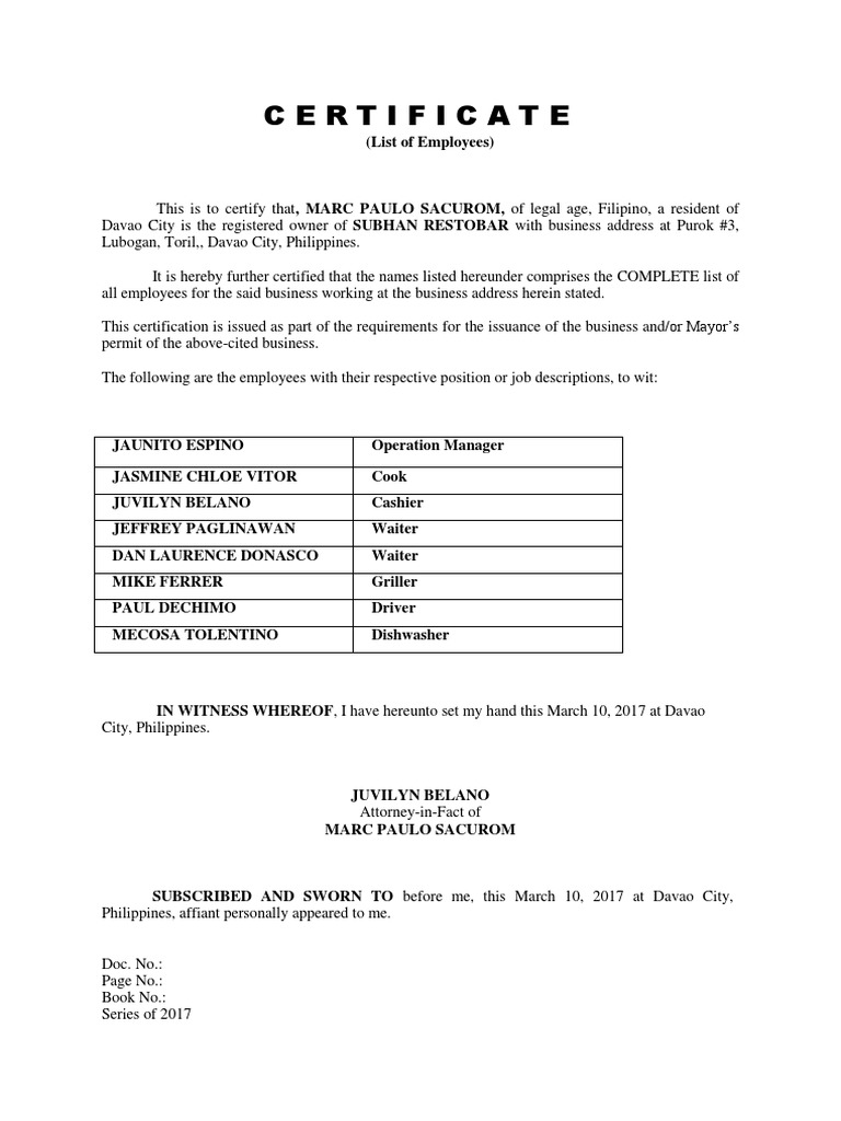 Certification of Employee | PDF