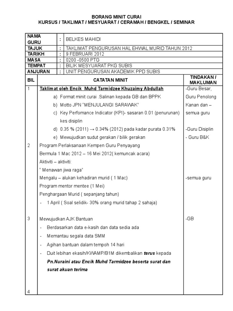 Documents - Tips - Borang Minit Curai | PDF