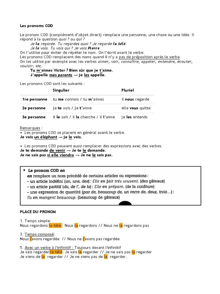 Les Pronoms COD | PDF | Études des langues étrangères | Poésie