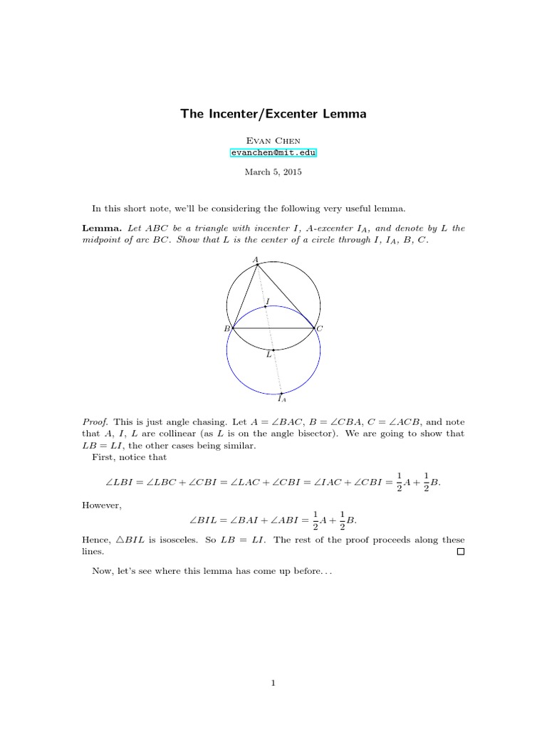 2016-03-31 The Incenter-Excenter Lemma, by Evan Chen PDF | PDF ...