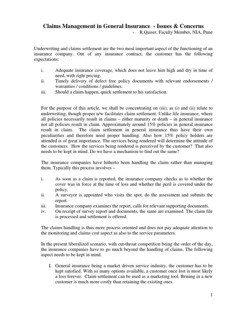 Claims Management in General Insurance - Issues & Concerns | PDF ...