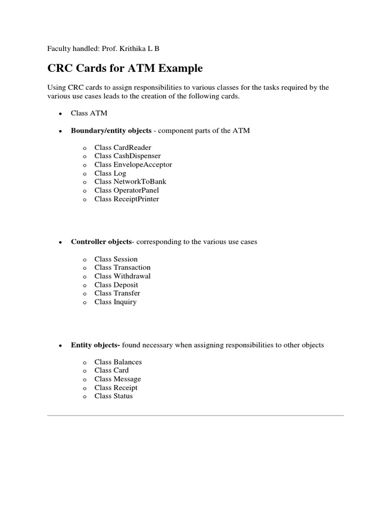 CRC Cards For ATM Example | PDF | Automated Teller Machine | Receipt