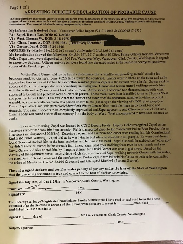 Arresting Officer's Declaration of Probable Cause in Vancouver Double ...