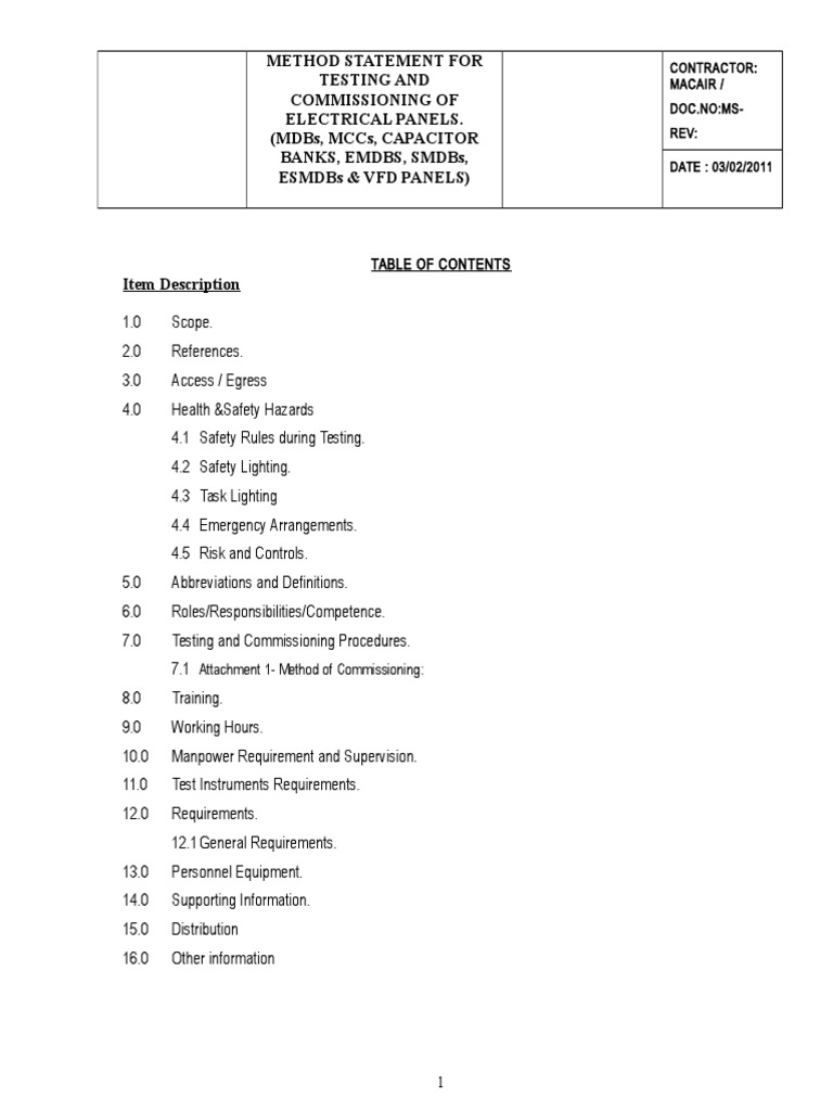 Electrical Panels Method Statement | PDF | Quality Assurance | Safety