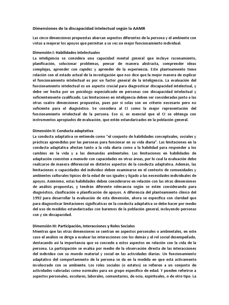 Dimensiones de La Discapacidad Intelectual Según La AAMR | PDF | Discapacidad intelectual ...