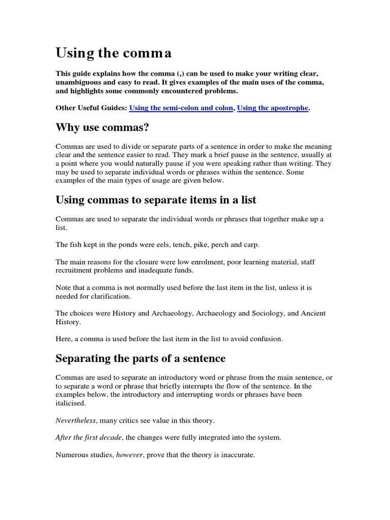 Using The Comma: Why Use Commas? | PDF | Comma | Phrase