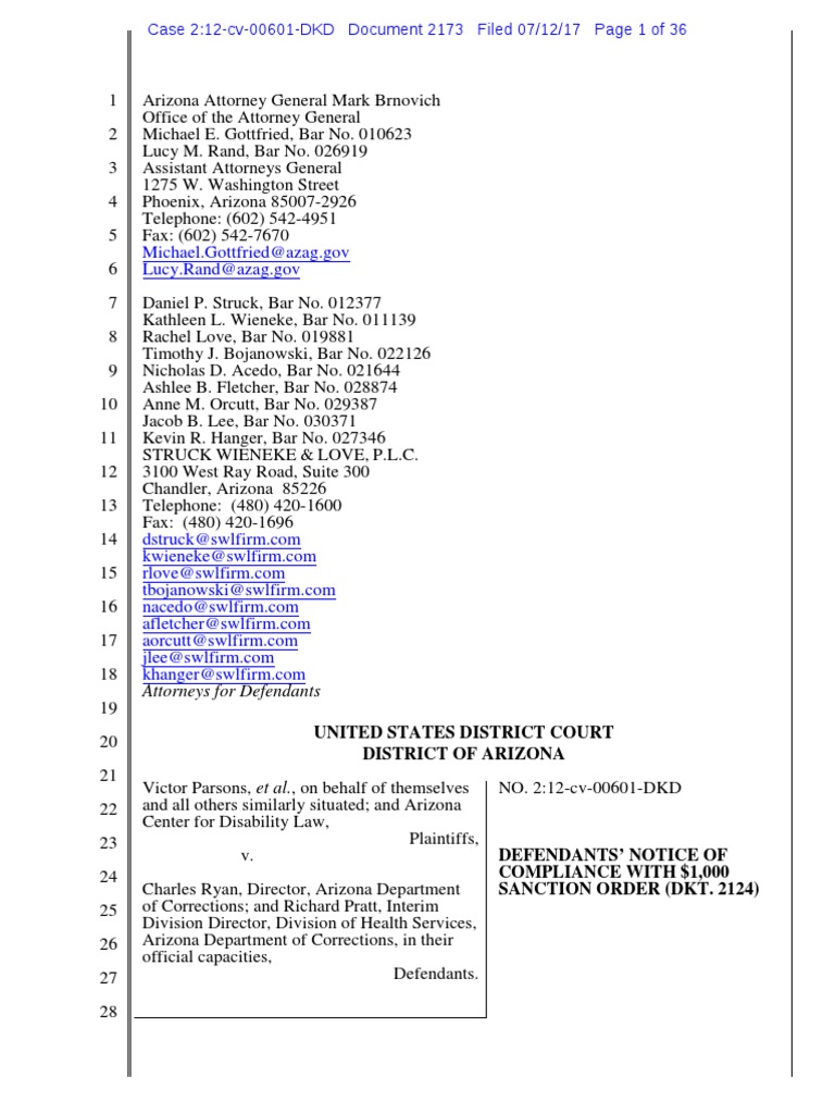 17.07.12 Doc 2173 Defs' Notice of Compliance With $1000 Sanction Order ...