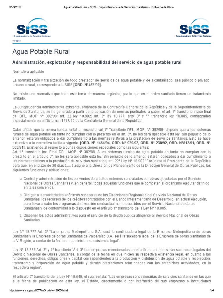 Agua Potable Rural - SISS - Superintendencia de Servicios Sanitarios - Gobierno de Chile | PDF ...