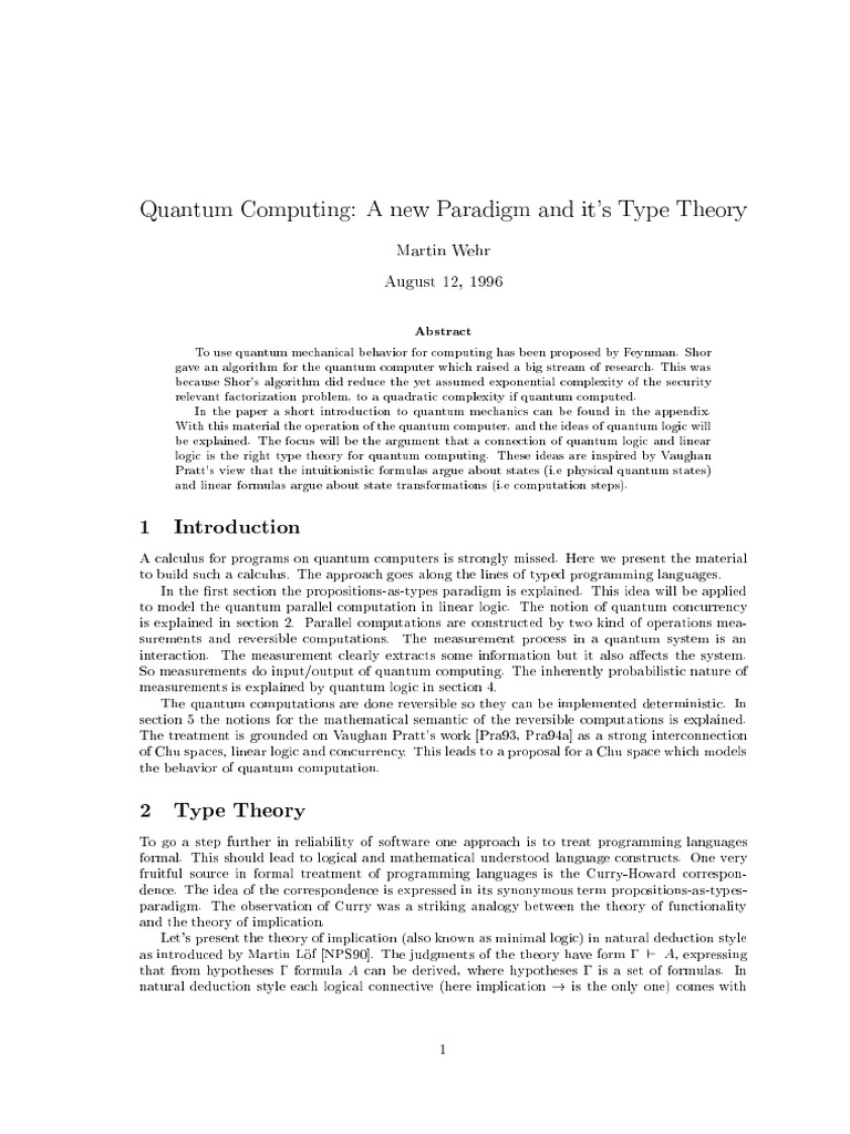 Quantum Computing: A New Paradigm and It's Type Theory | PDF | Hilbert ...