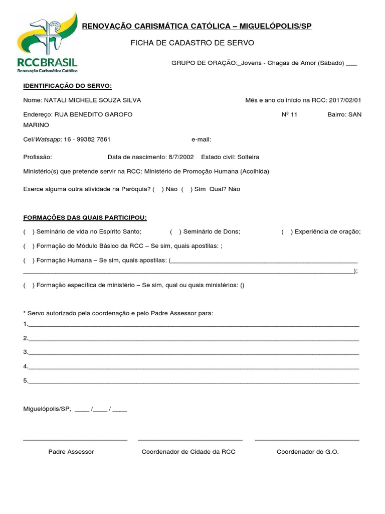 Ficha de Cadastro de Servo RCC | PDF