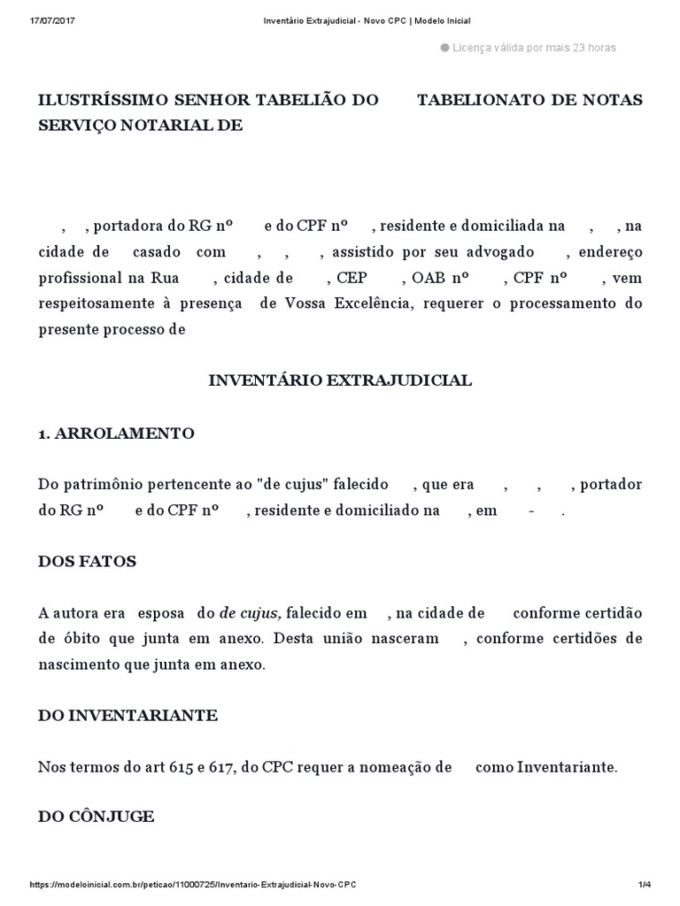 Inventário Extrajudicial - Novo CPC - Modelo Inicial | PDF | Herança ...