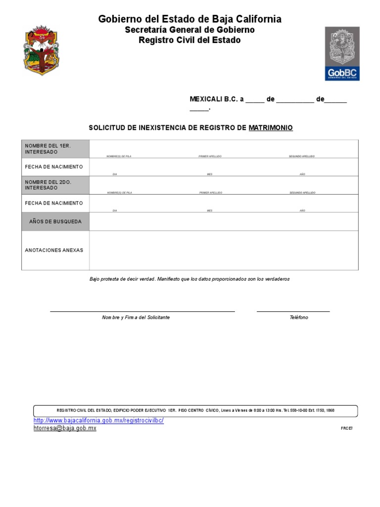 Formato Solicitud de Inexistencia de Registro de Matrimonio | PDF