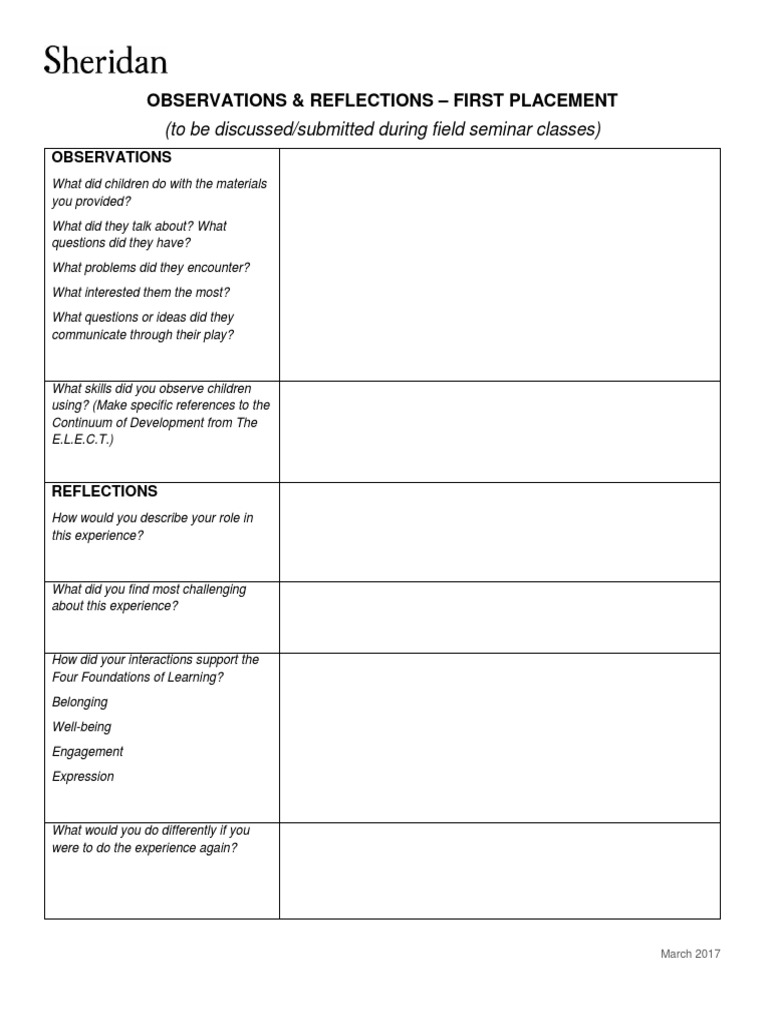 (To Be Discussed/submitted During Field Seminar Classes) : Observations ...
