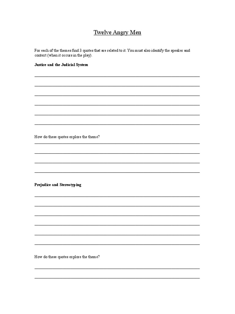 Twelve Angry Men - Quote To Theme Worksheet | PDF | Psychology ...